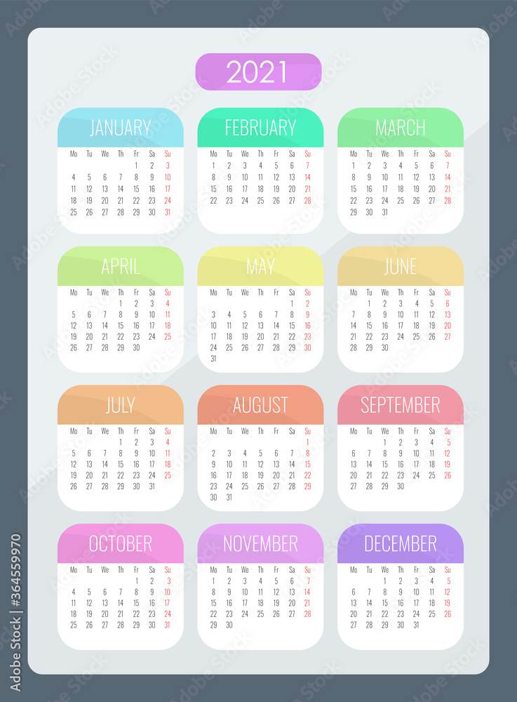 Pocket calendar for 2021. One board with 12 months in colorful and ...