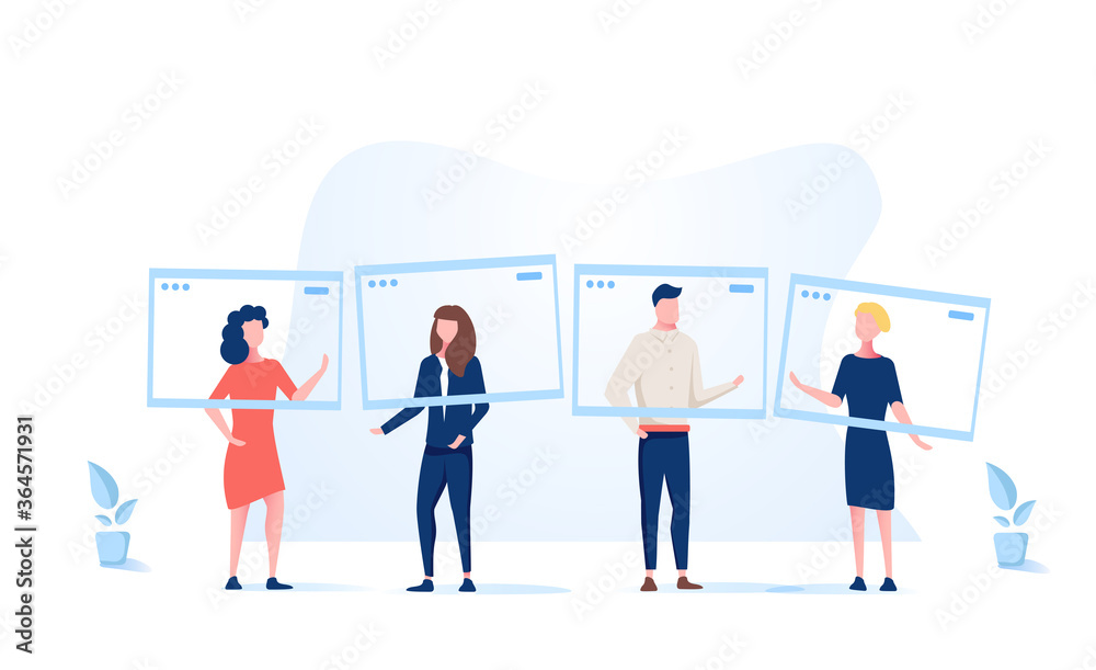 Group video call, virtual window frames, young characters having an ...