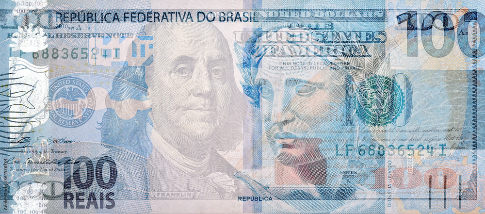 Notas de cem reais e cem dólares em superposição de imagens Stock Photo ...