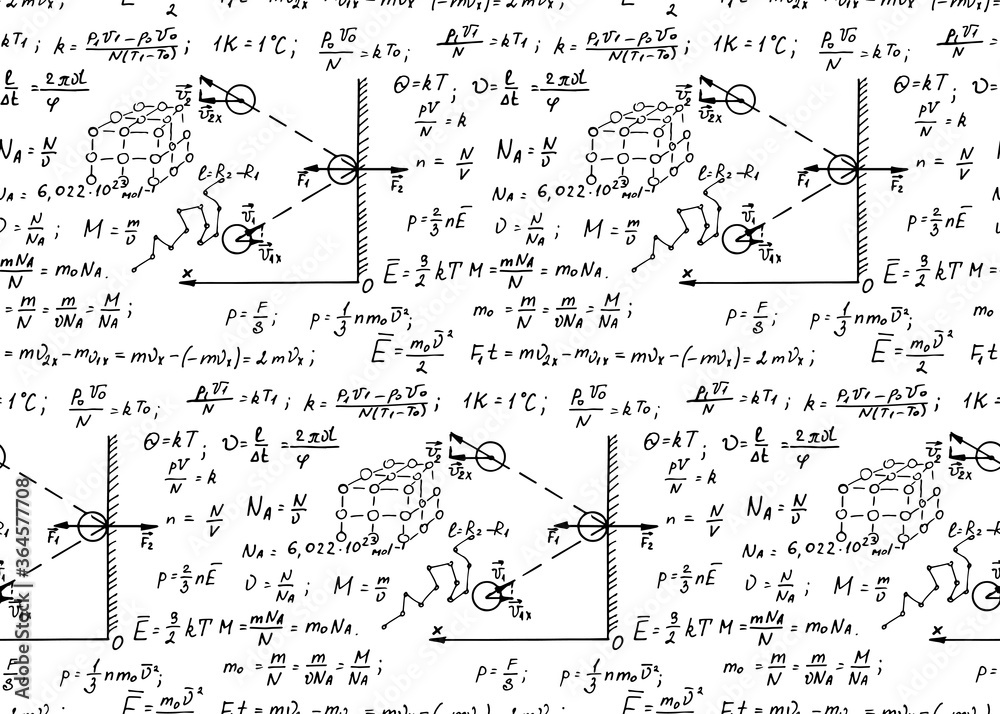 Physics seamless pattern with the equations, figures, outlines ...
