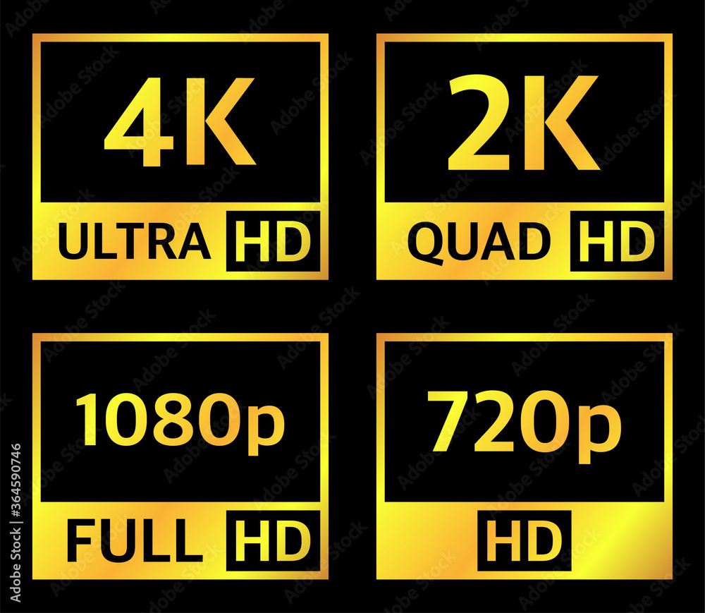 4K UHD, Quad HD, Full HD and HD resolution presentation nameplates of ...