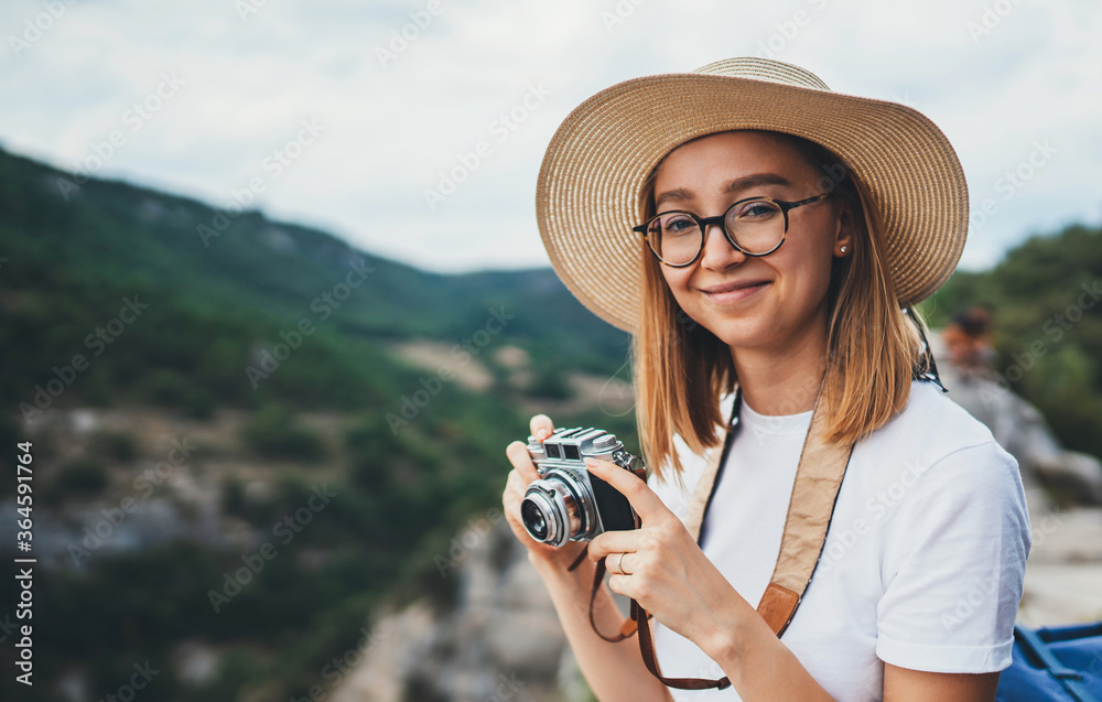 smiling tourist girl walking in nature outdoor hold in hands retro ...