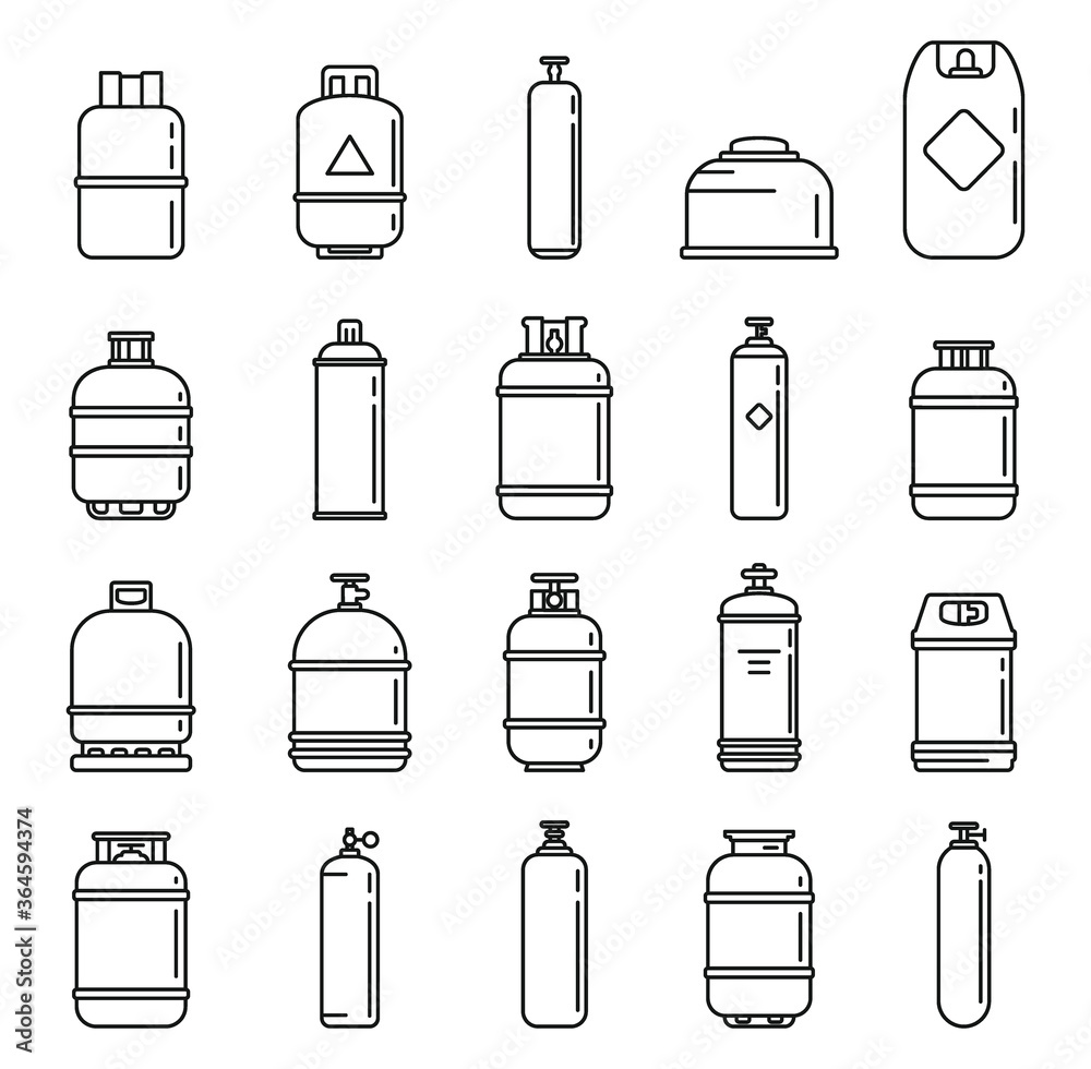 Industrial gas cylinders icons set. Outline set of industrial gas ...