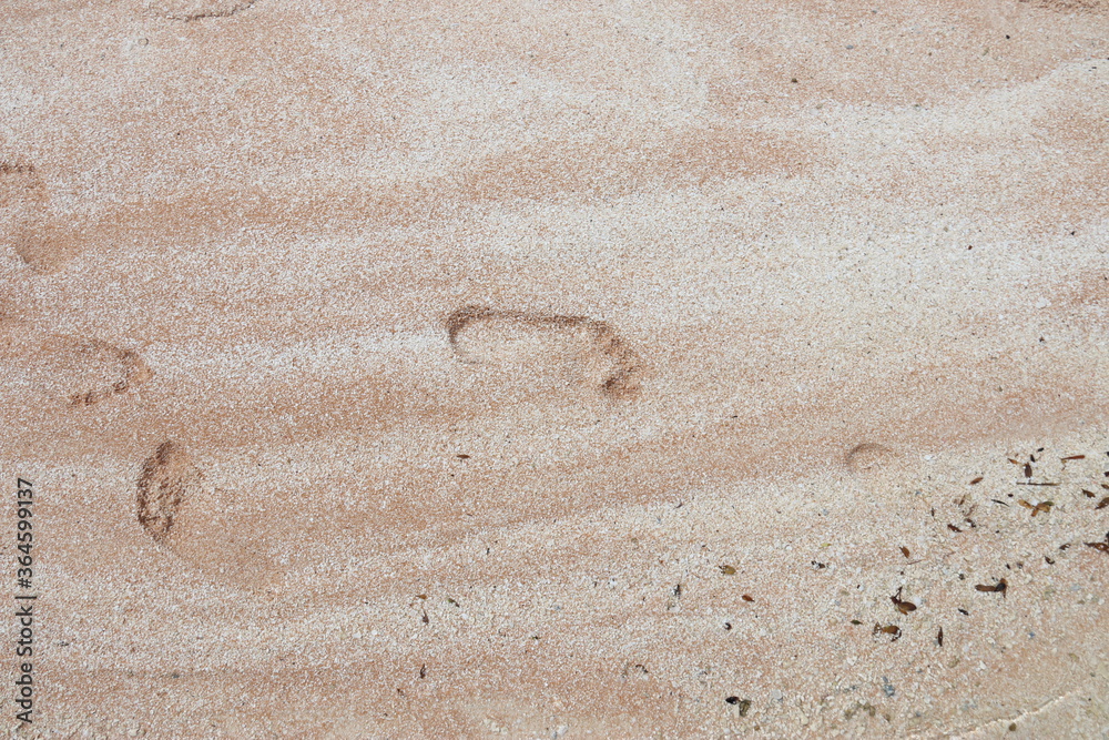 Empreintes de pieds sur du sable rose à Rangiroa, Polynésie française ...