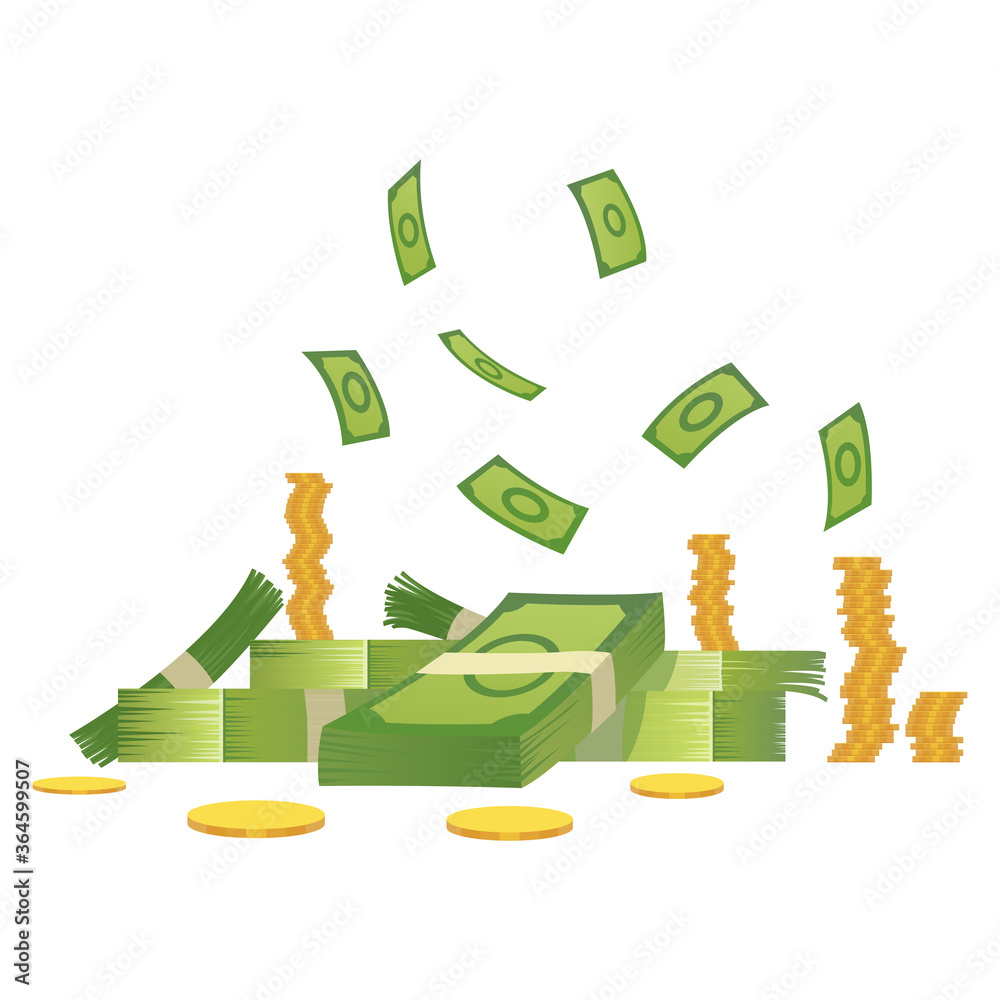 Cartoon money. Green banknote and gold coins cartoon vector ...