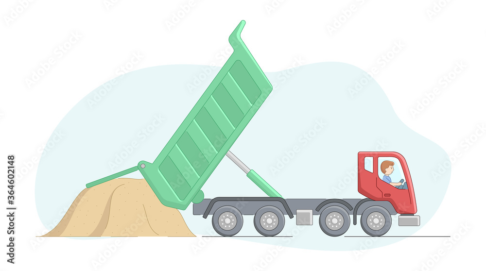 Construction And Heavy Labor Works Concept. Worker On Tipper Lorry ...