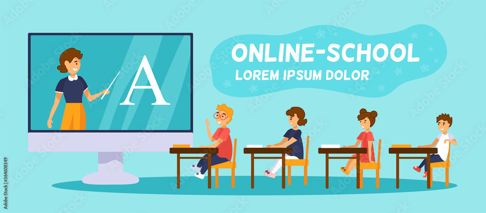 Online school. Kids sitting behind monitor. Teacher on screen is ...