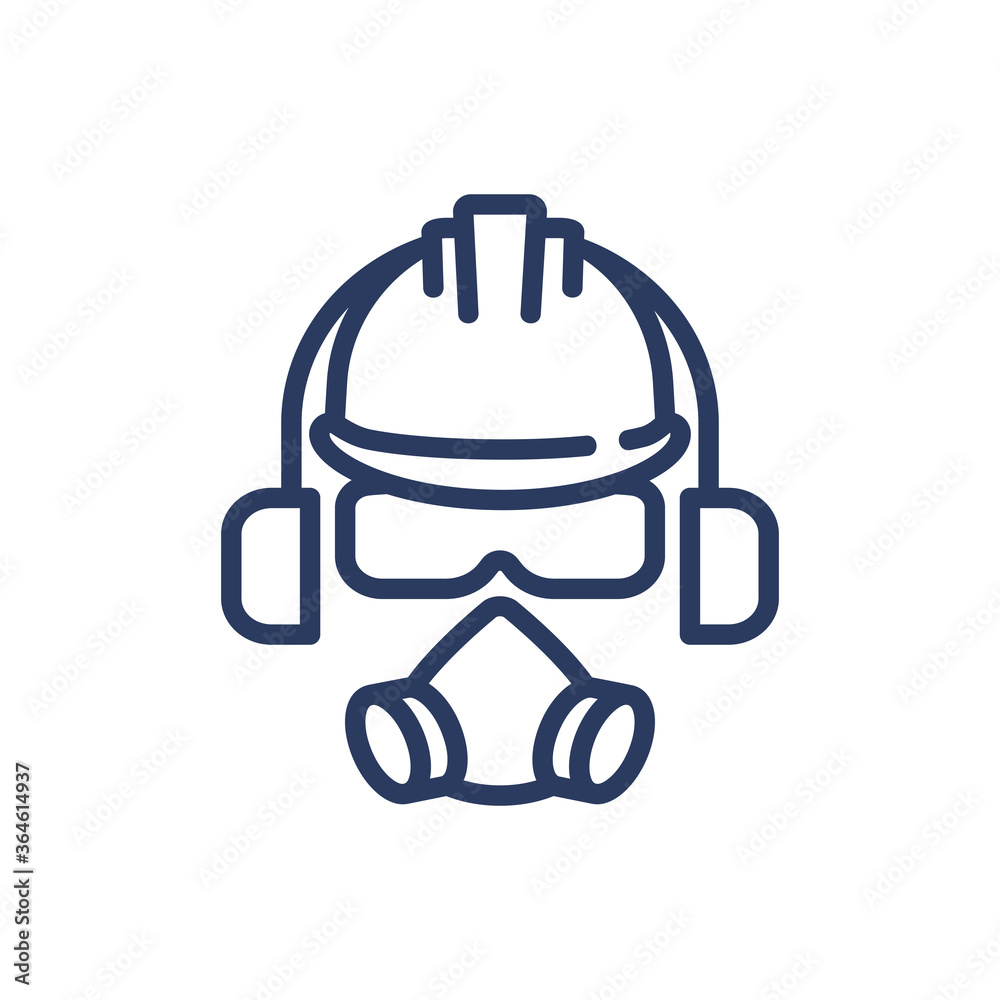 Full head protective set thin line icon. Glasses, respirator, earmuff ...