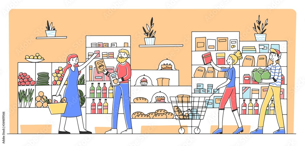 Cartoon people buying products at grocery store flat illustration ...