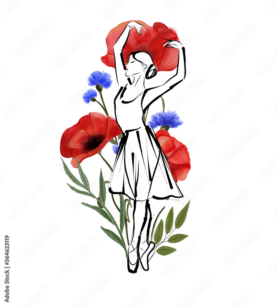 Ballerina ink line drawings with watercolor poppy flowers around it ...