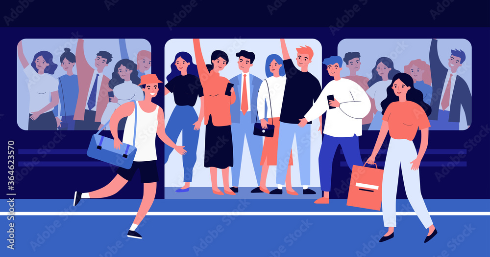 People hurrying into overcrowded train flat illustration. Cartoon ...