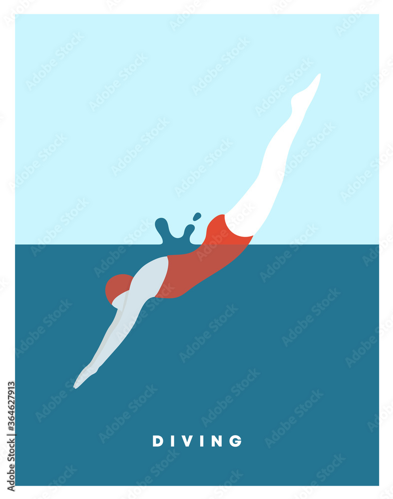 Diving woman. Woman character dives. jumping into water a jump of a ...