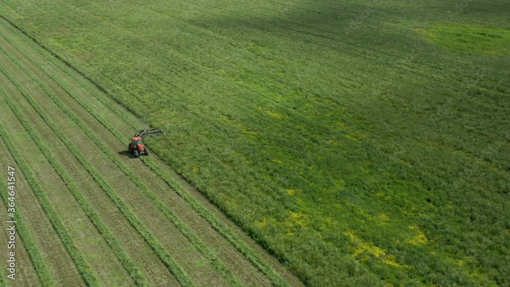 Haymaking in field with tractor and pull behind mower, long drone shot ...