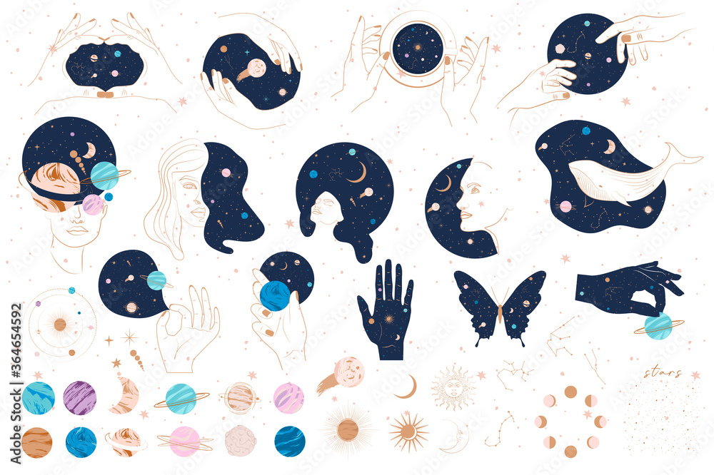 Collection of Mystical and Astrology objects, Woman face, Space objects ...