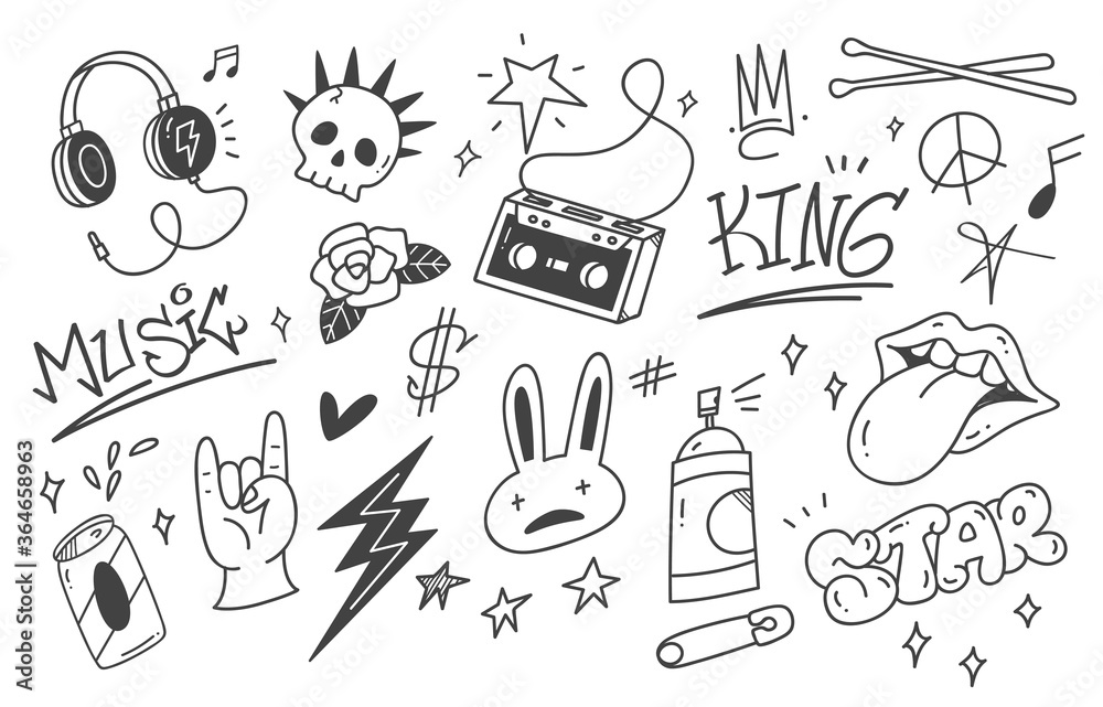 Set of graffiti doodle, punk music hand drawn scribble Stock Vector ...