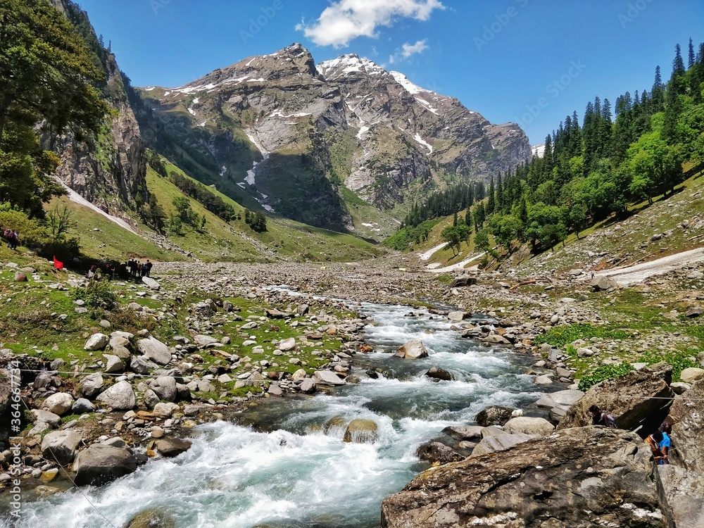Manali, India - June 14th 2019: Crossing river by ropes in a scenic ...
