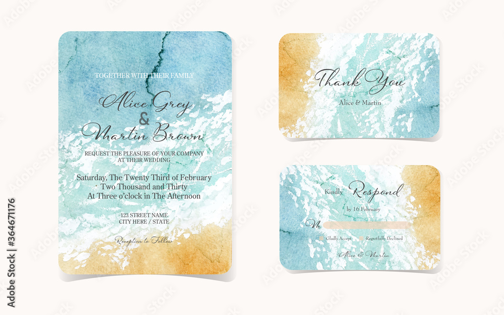 set of wedding invitation card with abstract beach background Stock ...
