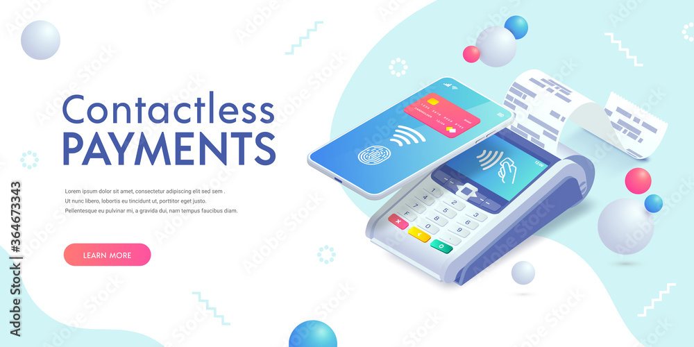 Contactless payment via smartphone isometric abstract banner concept. 3d payment machine, mobile ...