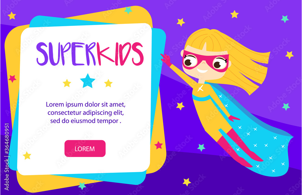 Super kid banner. Girl wearing superhero costume fly in sky. Design for ...