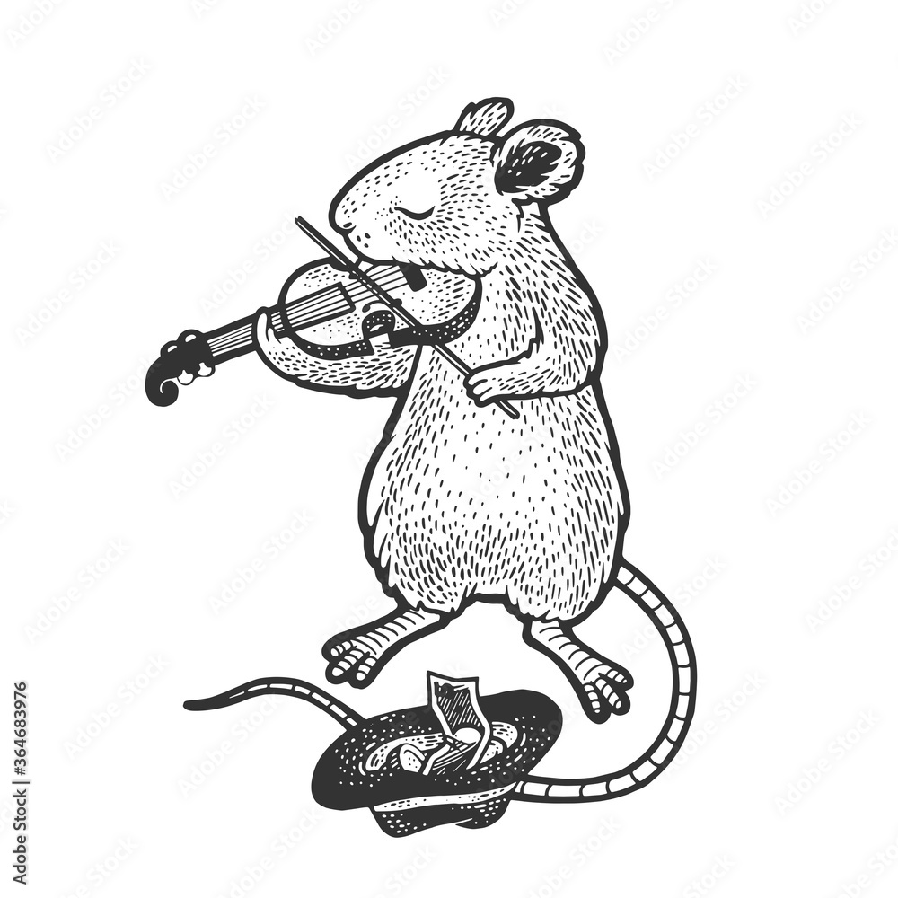 mouse plays the violin sketch engraving vector illustration. T-shirt ...