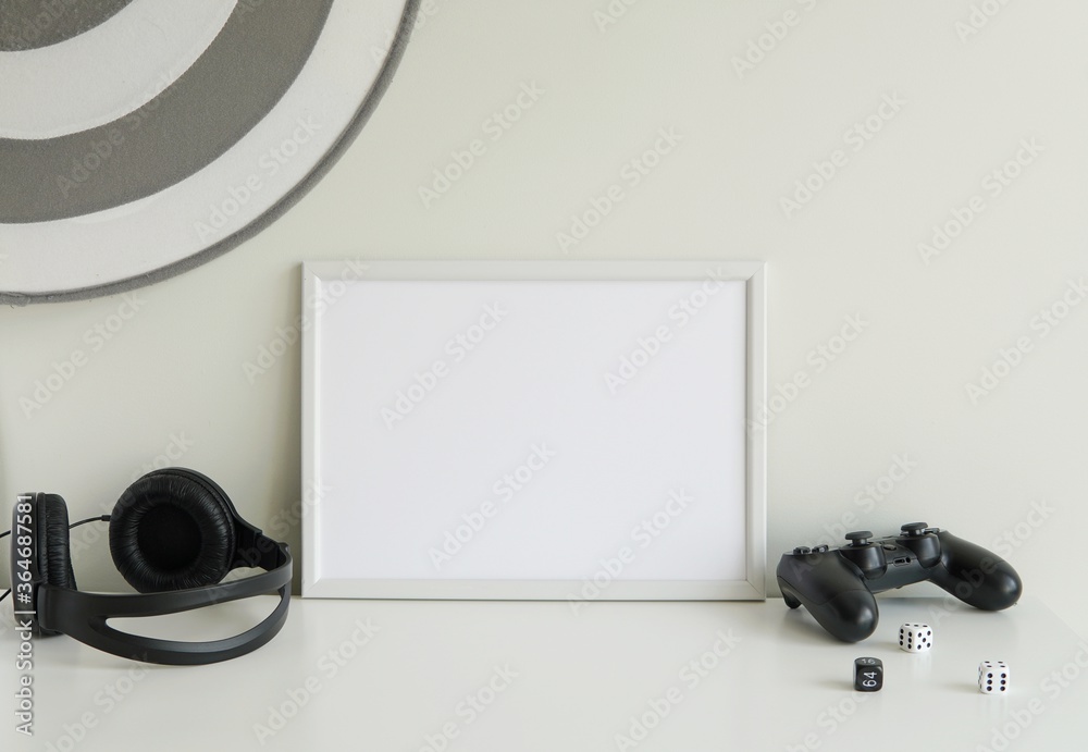 Horizontal white empty frame, game room frame mockup, monochrome gaming ...