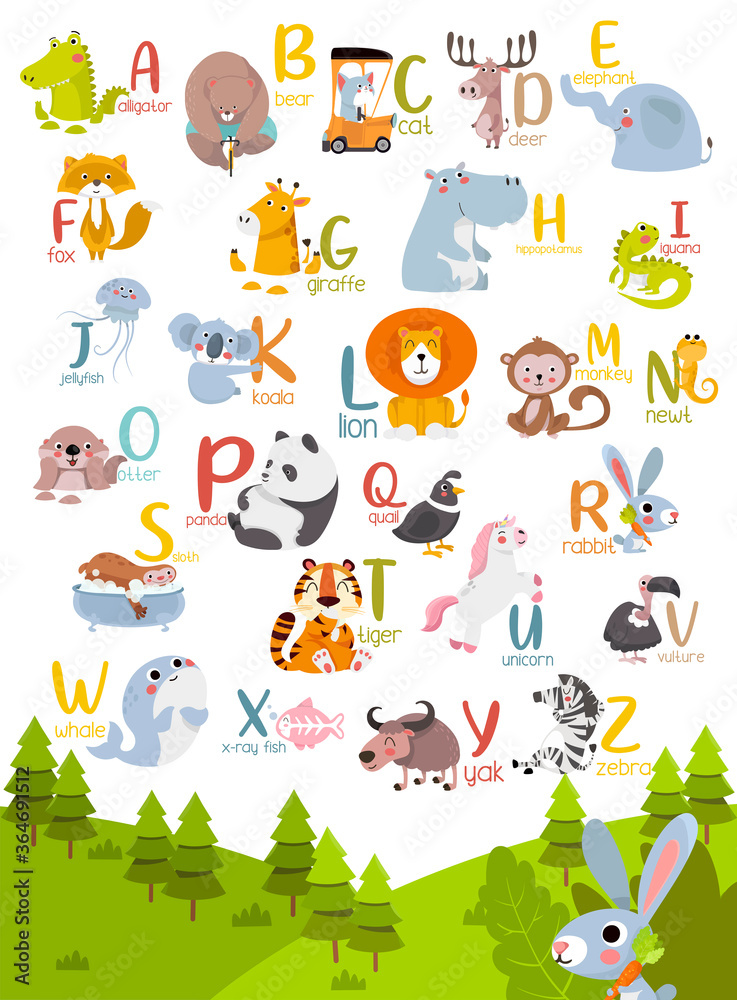 Animal alphabet graphic A to Z. Cute vector Zoo alphabet with animals ...