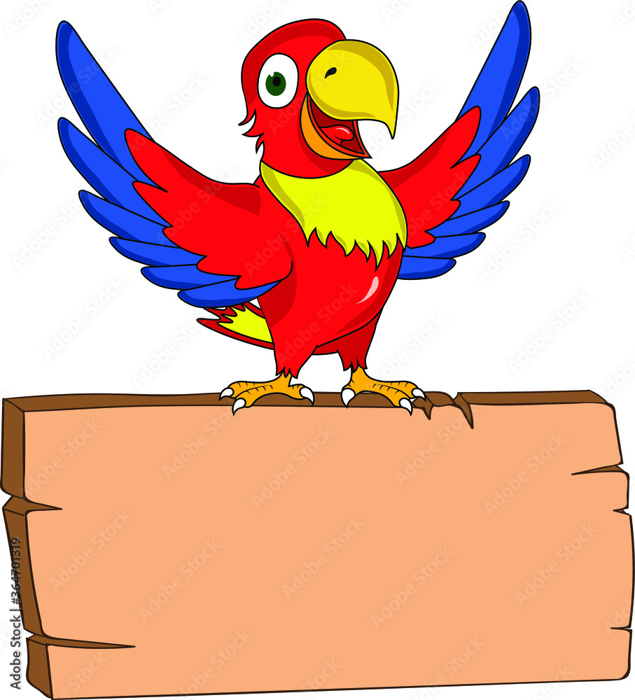 young colorful smart cute parrot presenting blank empty banner template ...