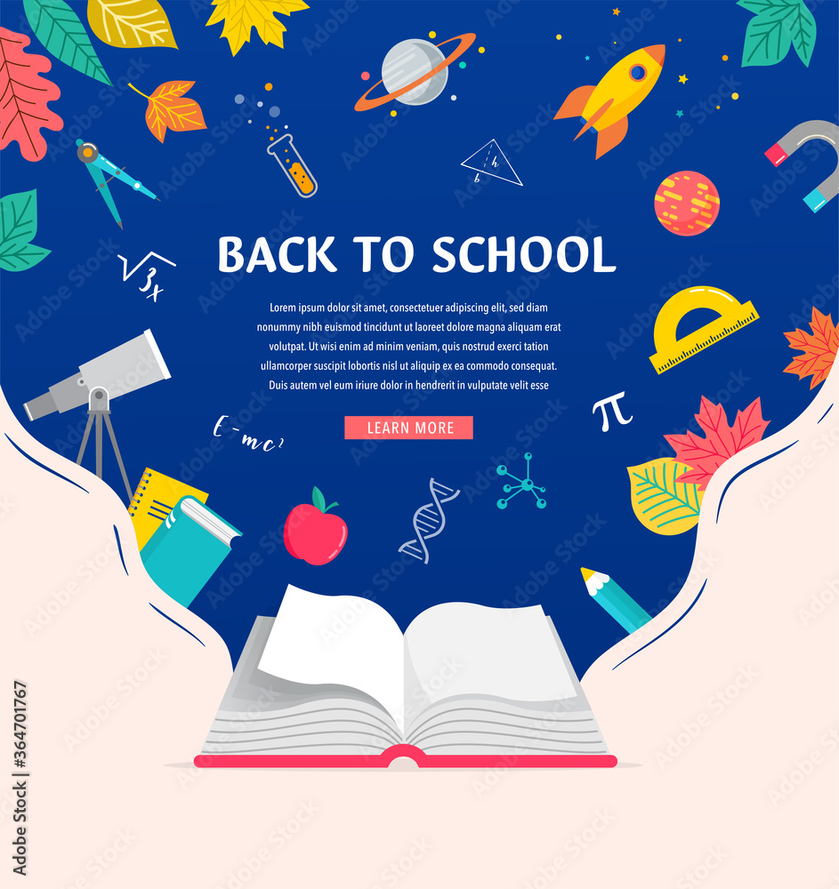 Open book, back to school concept illustration with supplies icons and ...