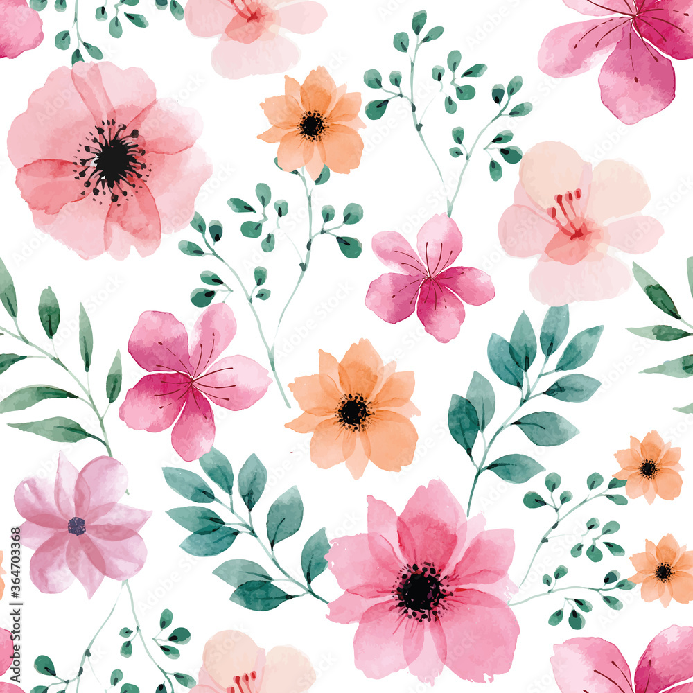 Seamless pattern with spring flowers and leaves. Hand drawn watercolor ...