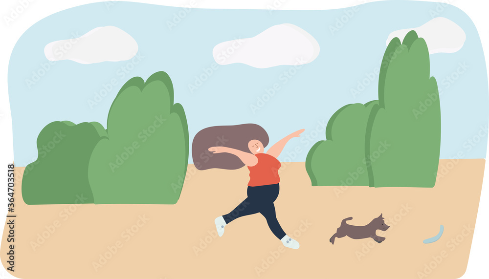 Vector cartoon illustration of a young woman walking a dog outdoors in ...