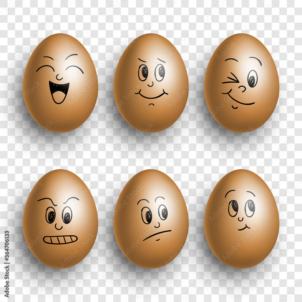 Set of realistic eggs with funny faces isolated on transparent background. Design element for ...