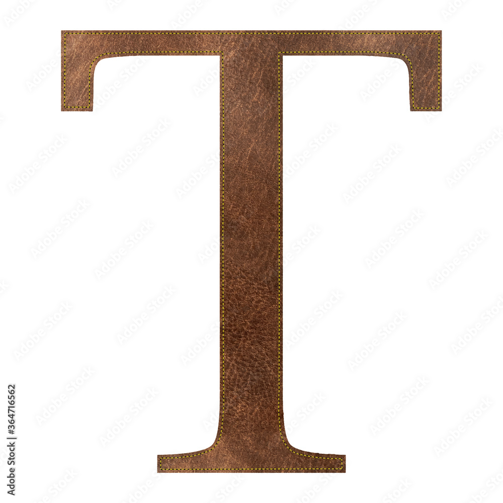 Brown leather textured letter T with yellow stitch, leather alphabet ...