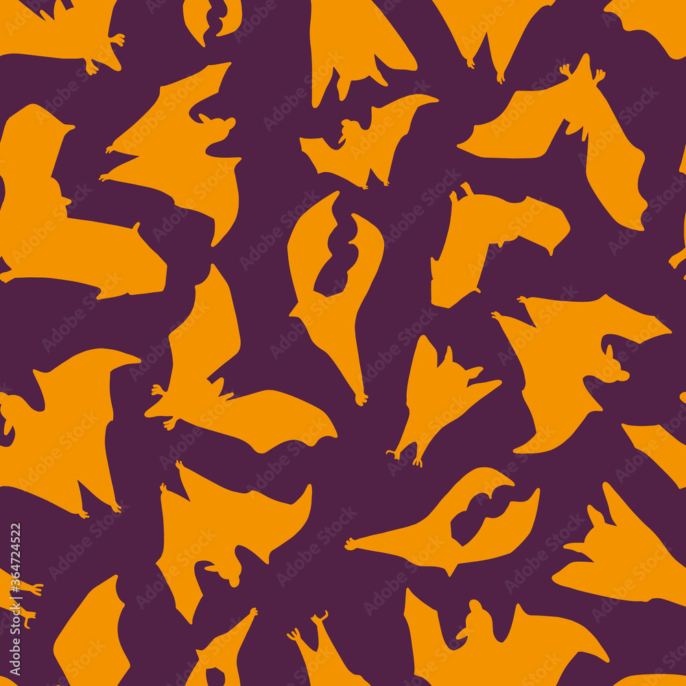 Seamless pattern of bats.Silhouette of orange bats on a purple ...