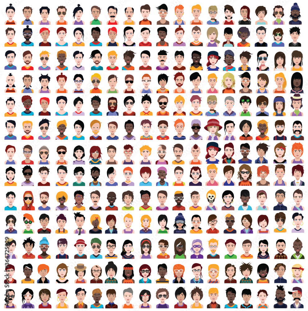 Set of people icons in flat style with faces. Vector women, men with ...