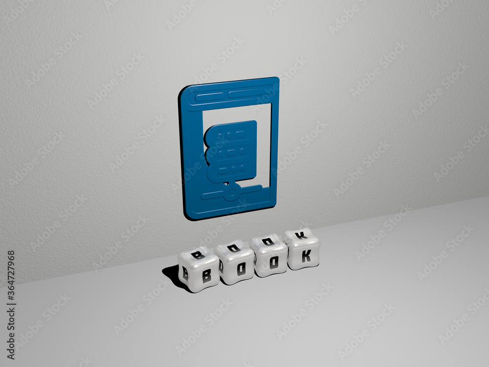 3D illustration of BOOK graphics and text made by metallic dice letters ...