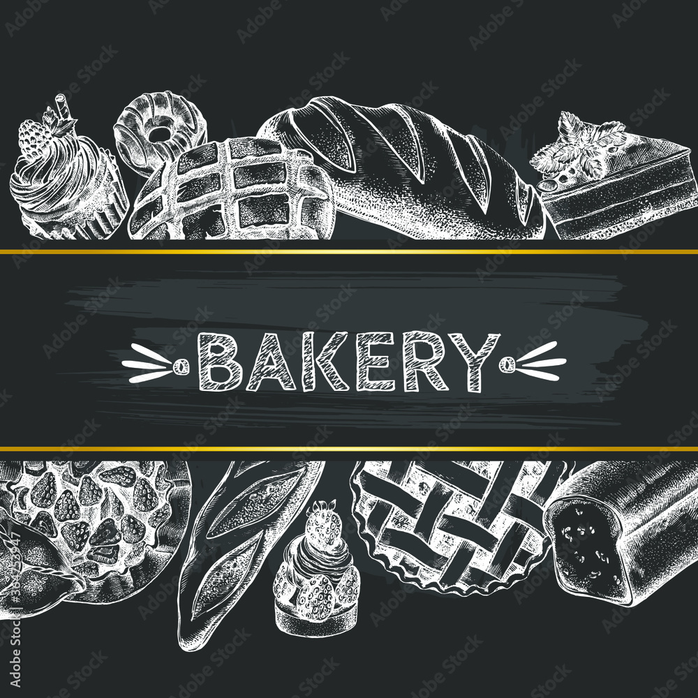Ink hand drawn background with berry pies, cakes, desserts, pastries ...