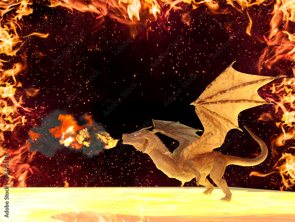 fire dragon breathing out huge hot flame fantasy scene. 3D rendering ...