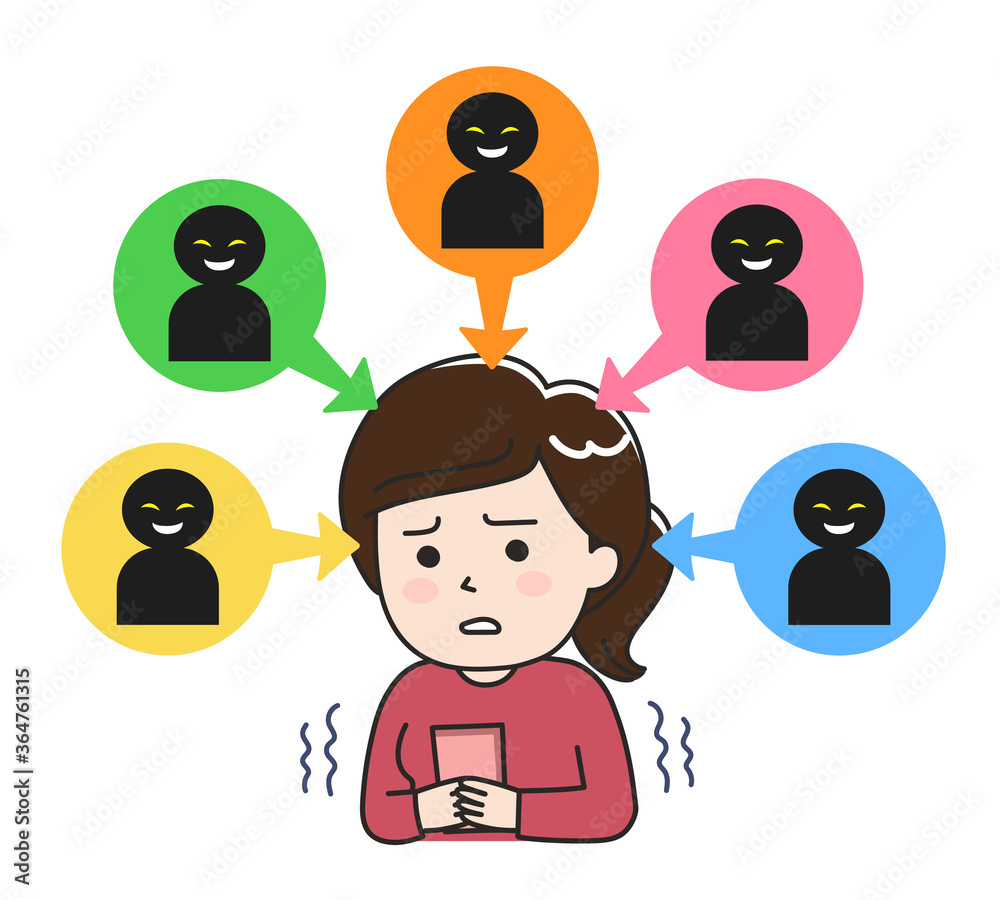 Woman has a lot of problems with online slander. Vector illustration ...