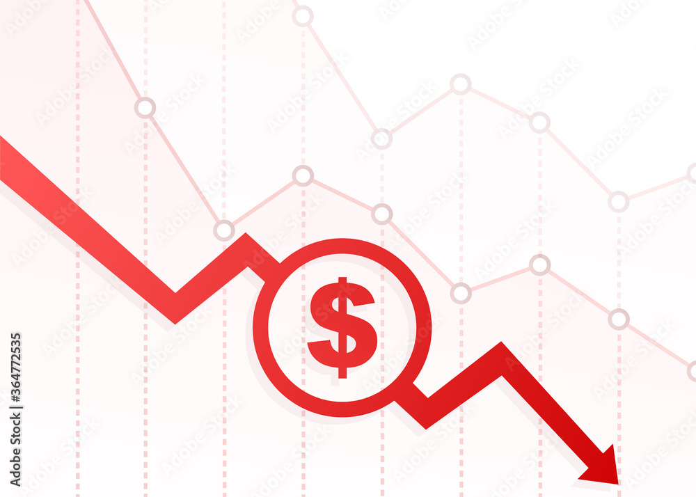 Money loss. Cash with down arrow stocks graph, concept of financial ...