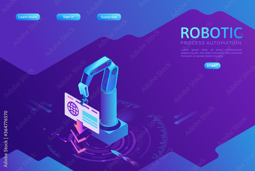 Robotic process automation landing page template with robots working ...