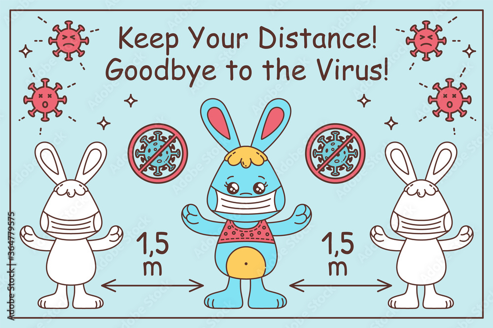 Cartoon Kawaii Rabbit Bunny Keep Social Distance. Wearing Medical Mask ...