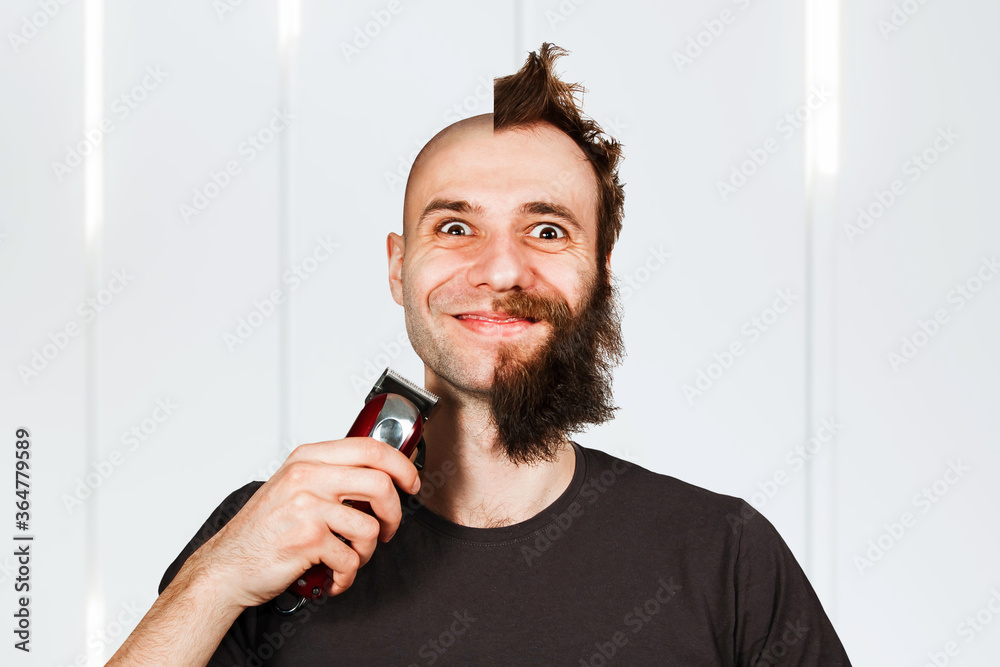 Man with half shaved hair head. holding trim. Guy before and after ...
