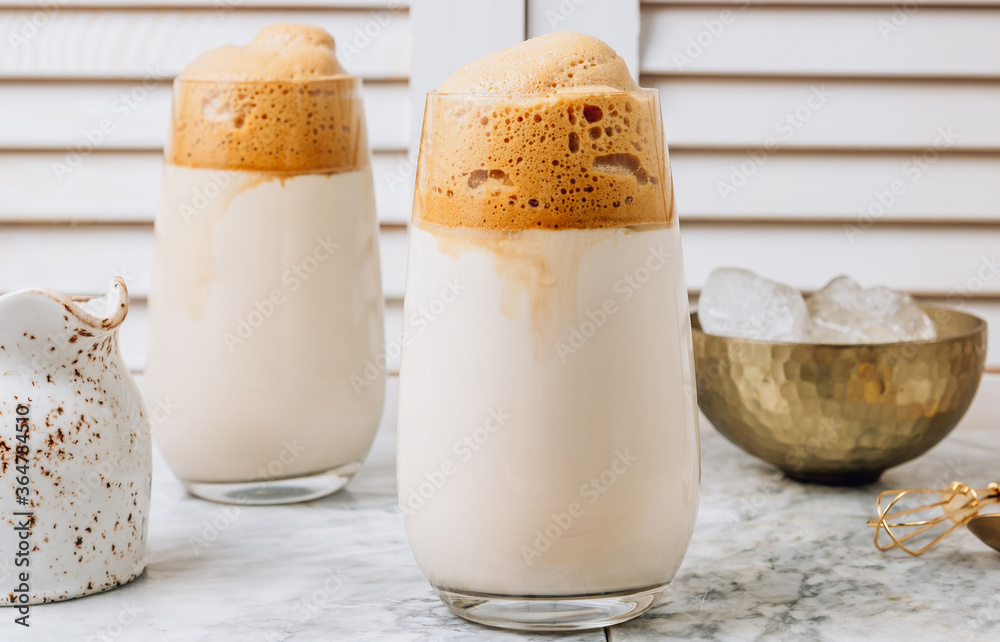 Iced frothy Dalgona Coffee, a trendy fluffy creamy whipped coffee ...