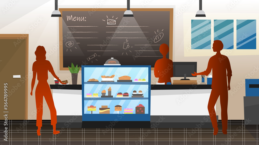 Concept Of Public Catering. Silhouettes Of Man And Woman Order Food In ...