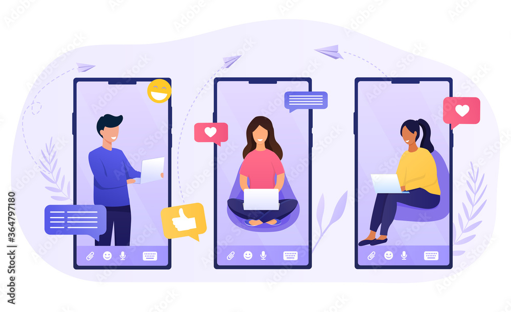 Chatting app with three diverse people on smartphones and laptops with ...