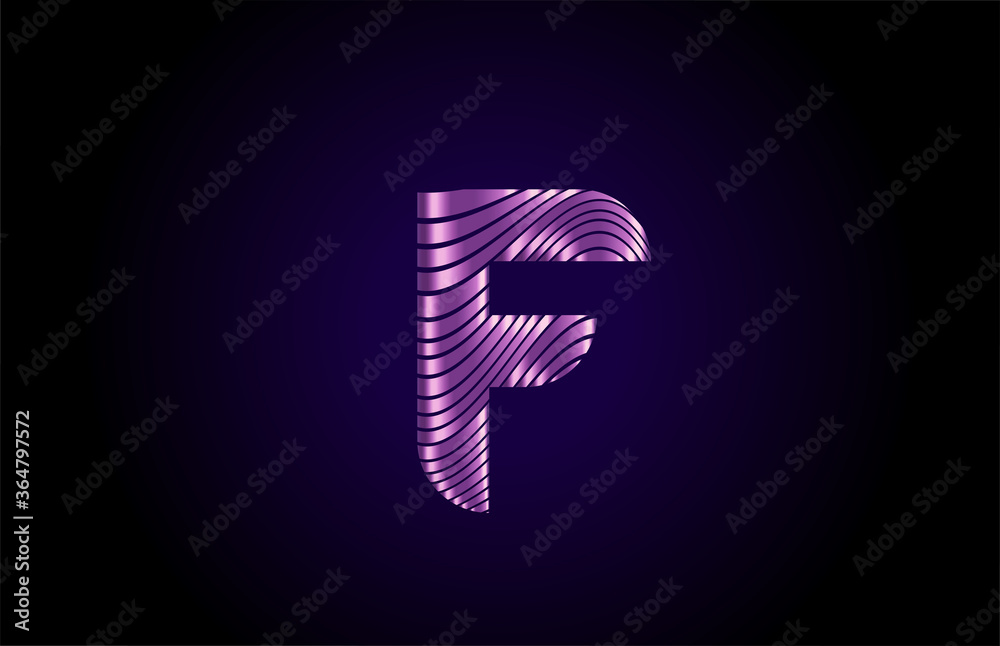 F purple alphabet letter logo icon for company. Metallic line design ...