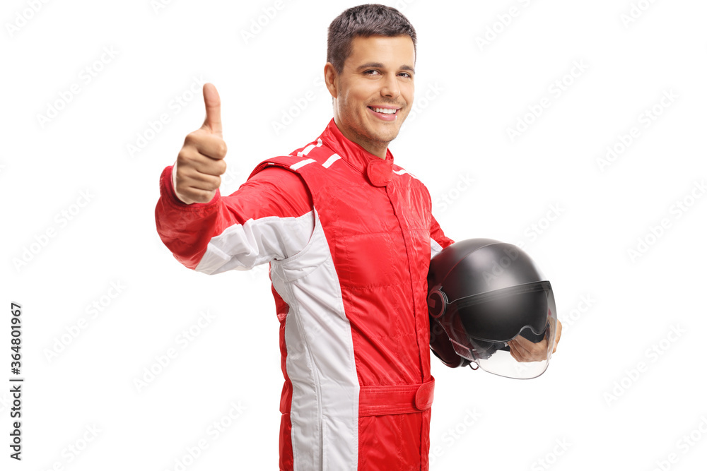 Car racer holding a helmet and showing thumbs up Stock Photo | Adobe Stock