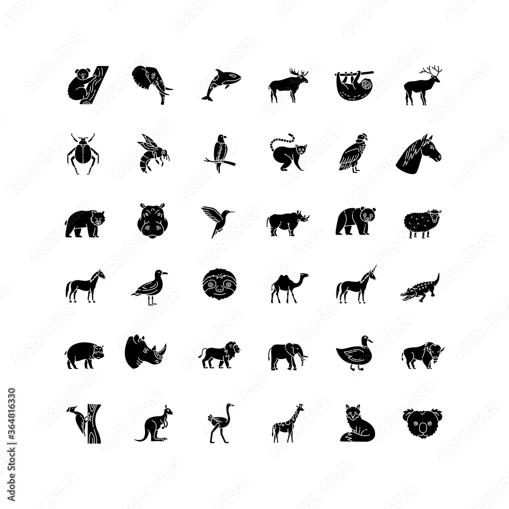 Animals black glyph icons set on white space. Different wildlife ...