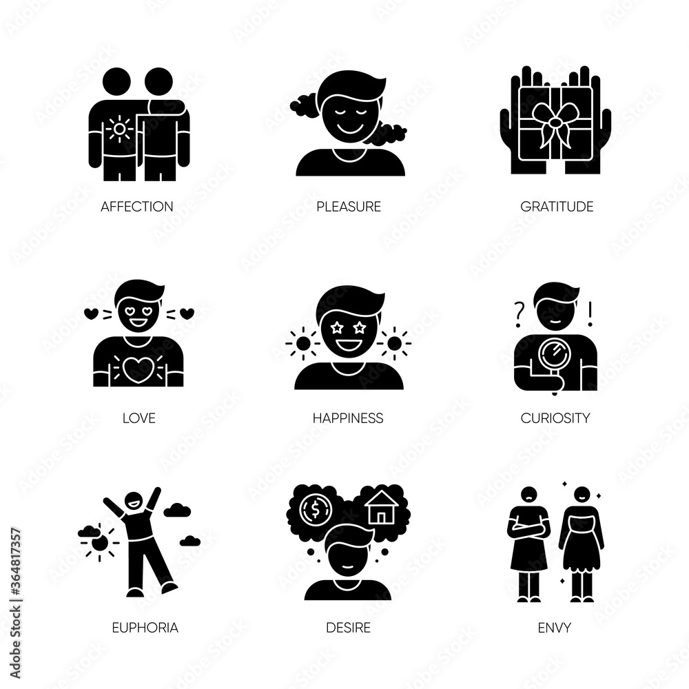 Feelings and emotions black glyph icons set on white space. Various ...