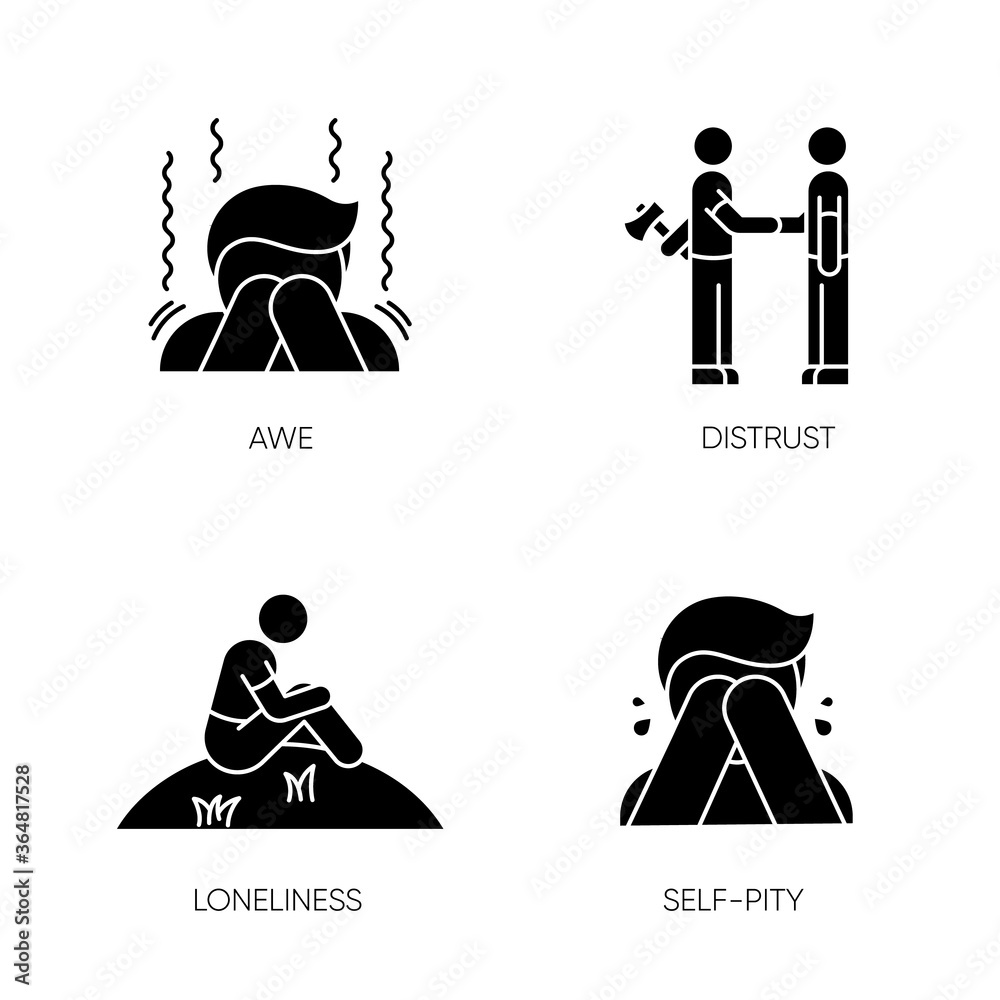 Negative emotions and bad feelings black glyph icons set on white space ...